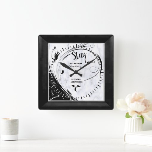 White Marble, Black Filigree Graphic Square Wall Clock | Zazzle