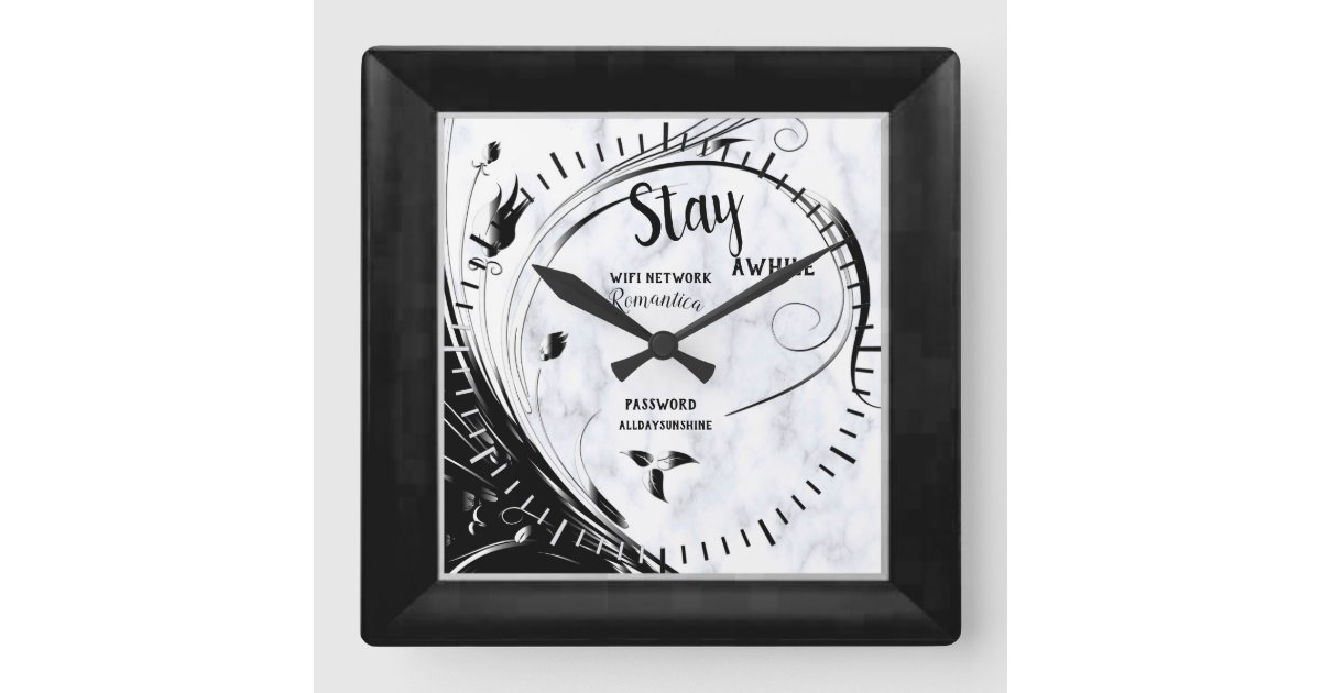 White Marble, Black Filigree Graphic Square Wall Clock | Zazzle