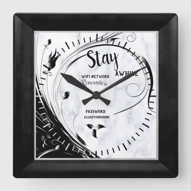 White Marble, Black Filigree Graphic Square Wall Clock | Zazzle