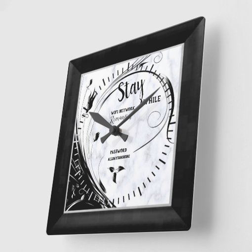 White Marble, Black Filigree Graphic Square Wall Clock | Zazzle