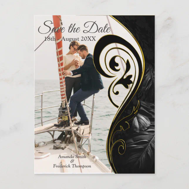 White Marble Black Modern Graphic Save the Dates Announcement Postcard ...