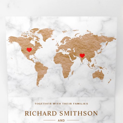 White Marble Bronze World Map All in One Wedding Tri-Fold Invitation ...