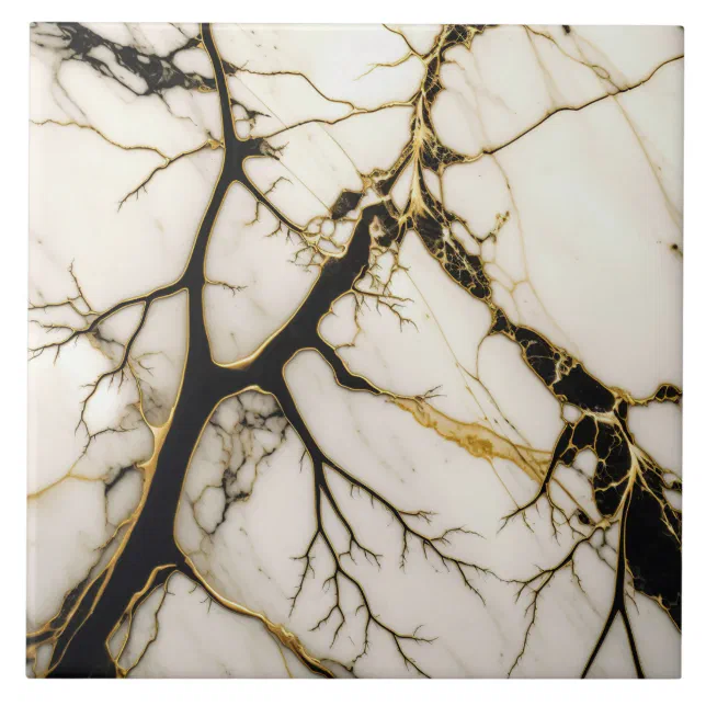 White Marble Ceramic Tile Black and Gold Veins | Zazzle