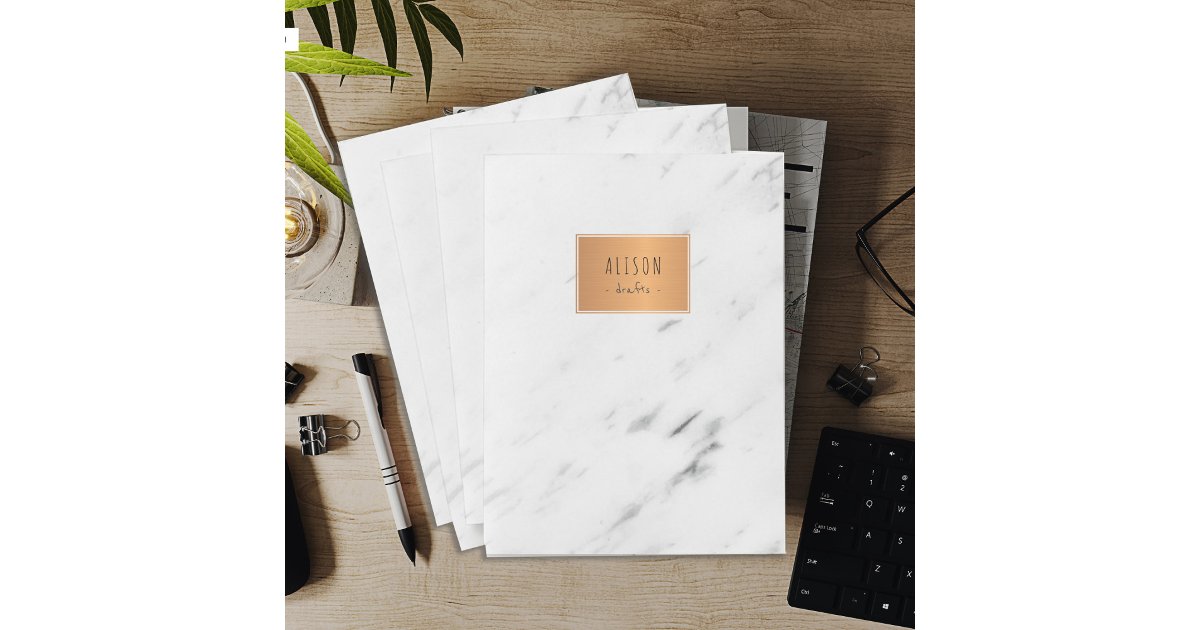 White marble copper geometric trendy chic school pocket folder | Zazzle