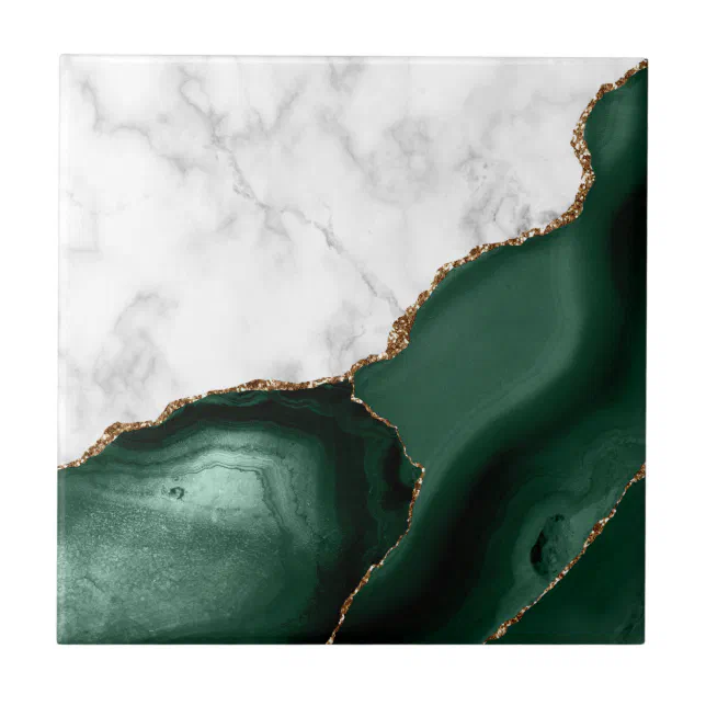 White Marble Gilded Emerald Green Agate Ceramic Tile | Zazzle
