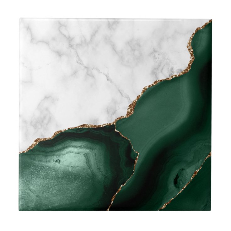 White Marble Gilded Emerald Green Agate Ceramic Tile | Zazzle