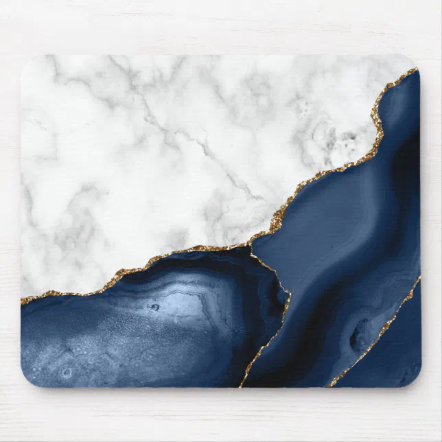 White Marble Gilded Navy Blue Agate Mouse Pad | Zazzle