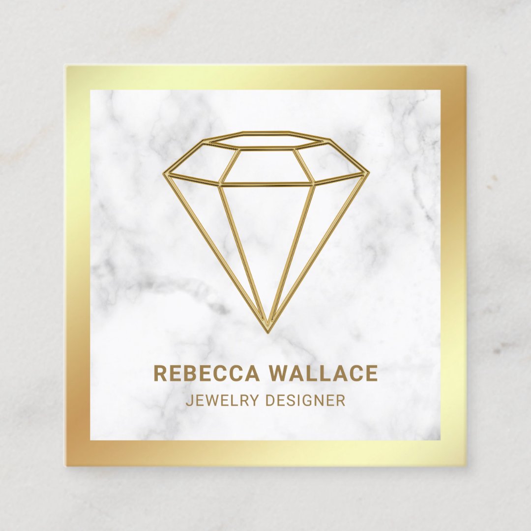 White Marble Gold Foil Geometric Diamond Jeweler Square Business Card ...