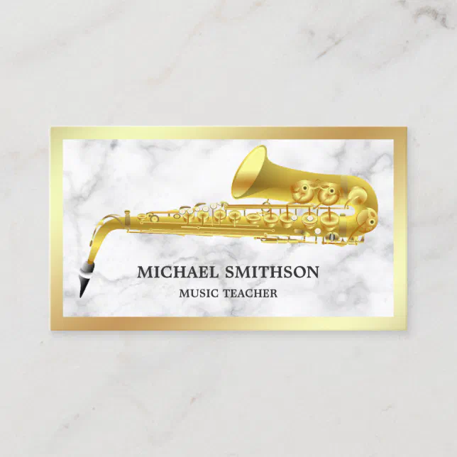 White Marble Gold Foil Saxophone Music Teacher Business Card | Zazzle