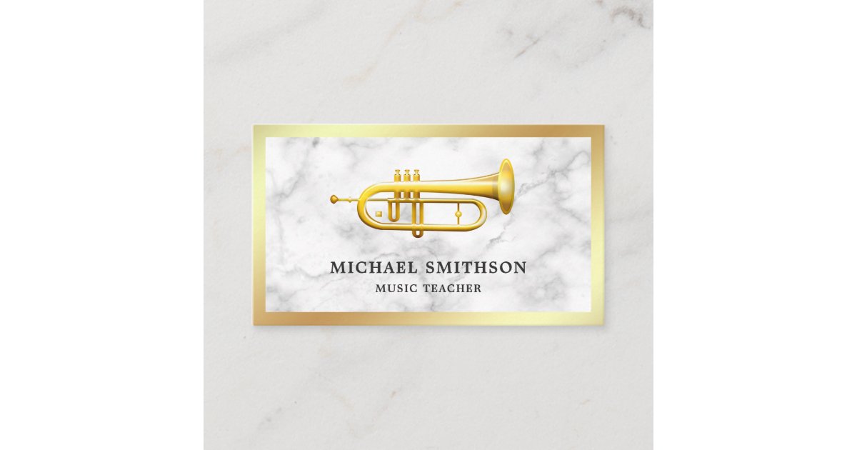 White Marble Gold Foil Trumpet Music Teacher Business Card | Zazzle