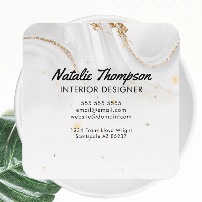 White Marble Gold Glitter Elegant Front and Back Square Business Card ...
