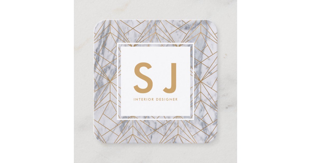White Marble Gold Simple Modern Interior Designer Square Business Card ...