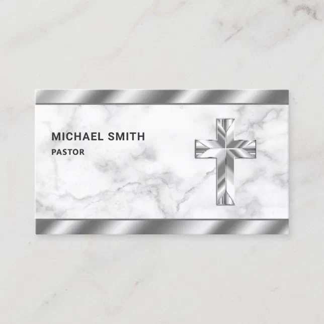 White Marble Metallic Jesus Christ Cross Pastor Business Card | Zazzle