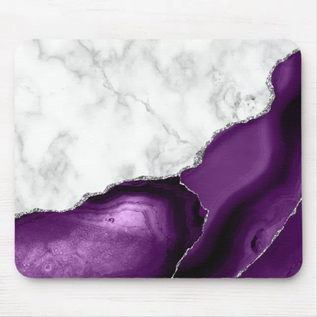 White Marble Purple Silver Agate Mouse Pad | Zazzle