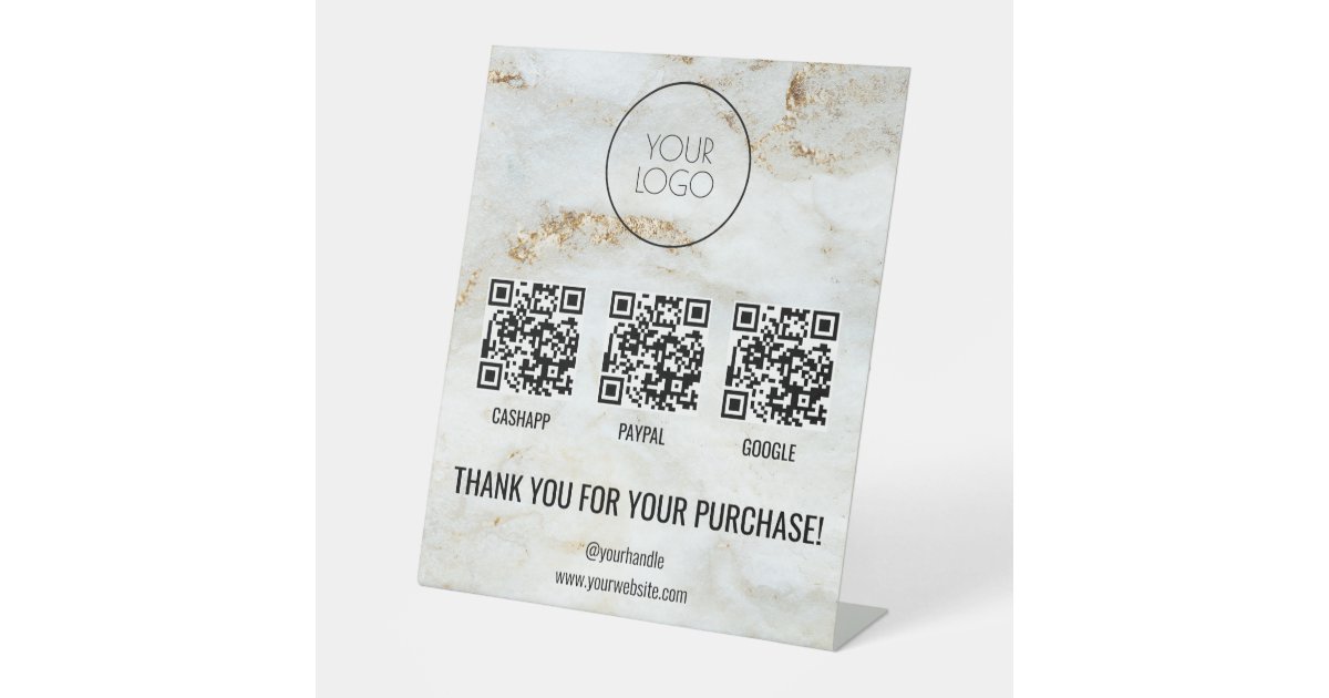 White Marble QR Code Scan to Pay Salon Logo Pedestal Sign | Zazzle