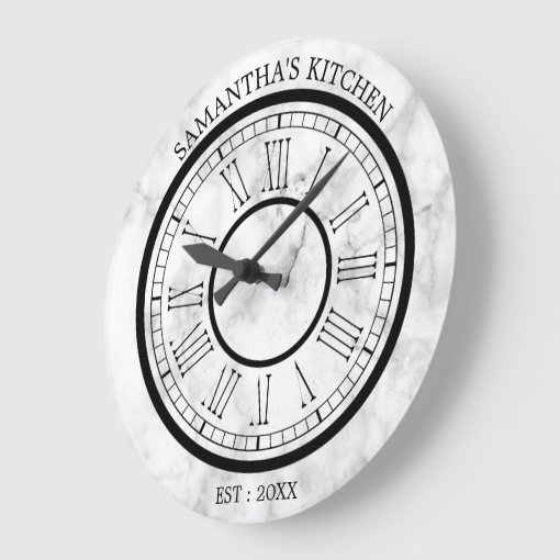 White Marble Roman Numeral Kitchen Large Clock | Zazzle