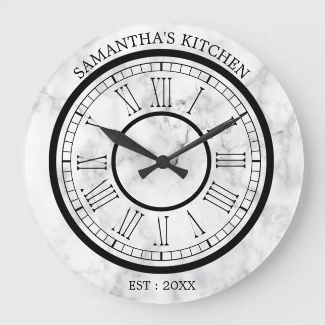 White Marble Roman Numeral Kitchen Large Clock | Zazzle