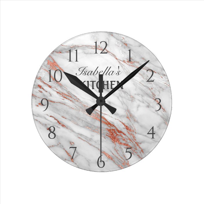 White Marble Rose Gold Copper Glitter Kitchen Round Clock | Zazzle.com
