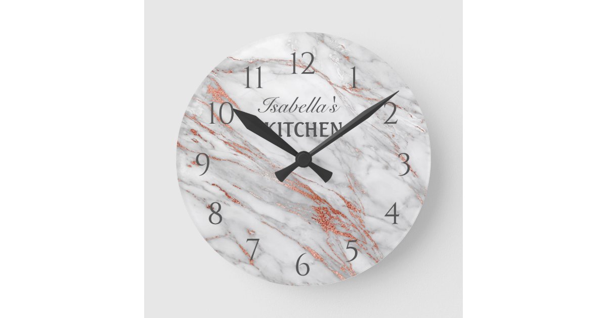 White Marble Rose Gold Copper Glitter Kitchen Round Clock | Zazzle
