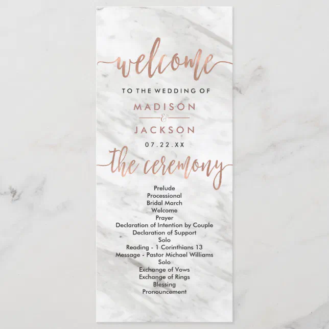 White Marble & Rose Gold Elegant Wedding Program | Zazzle