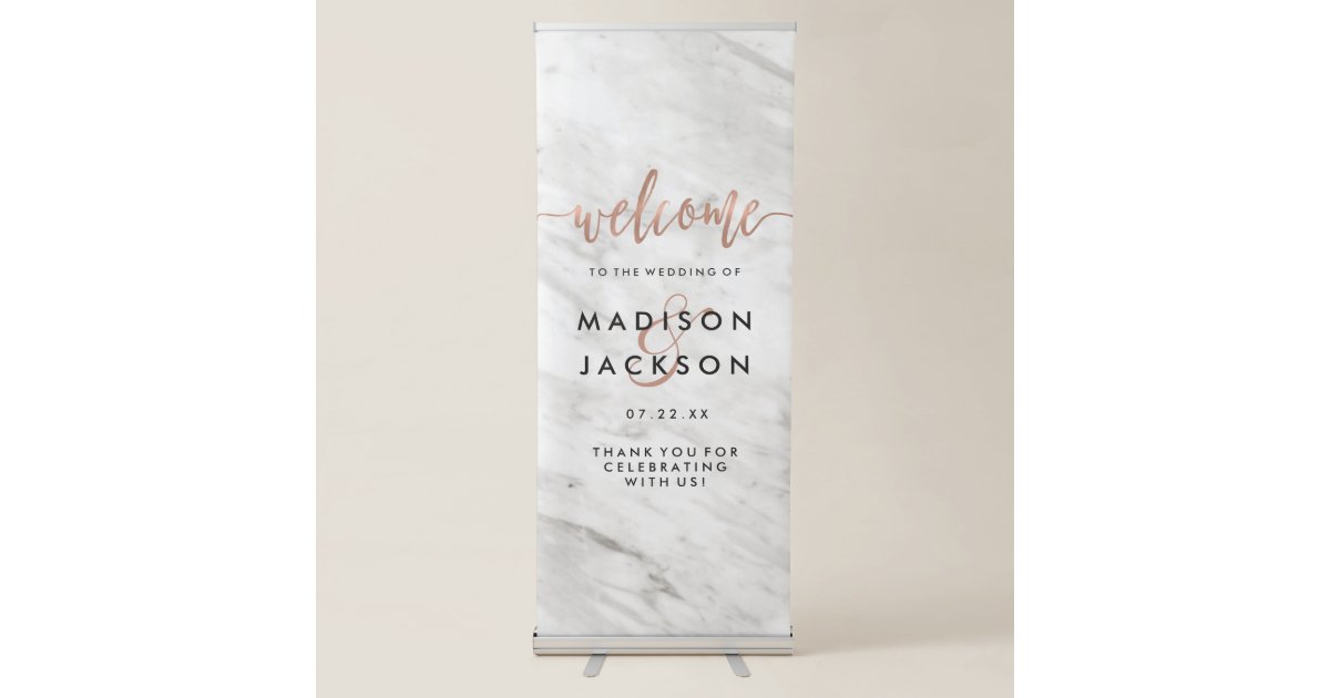White Marble & Rose Gold Elegant Wedding Welcome Retractable Banner ...