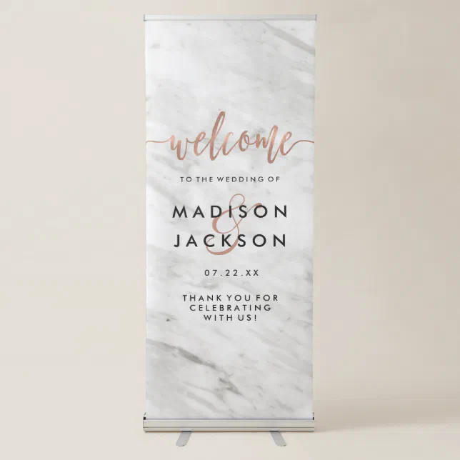 White Marble & Rose Gold Elegant Wedding Welcome Retractable Banner ...