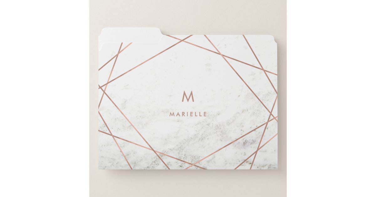 White Marble | Rose Gold Geometric and Monogram File Folder | Zazzle