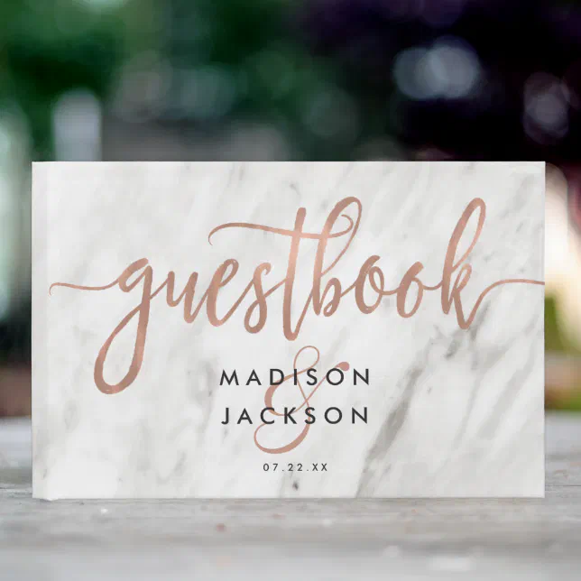 White Marble & Rose Gold Modern Wedding Monogram Guest Book | Zazzle