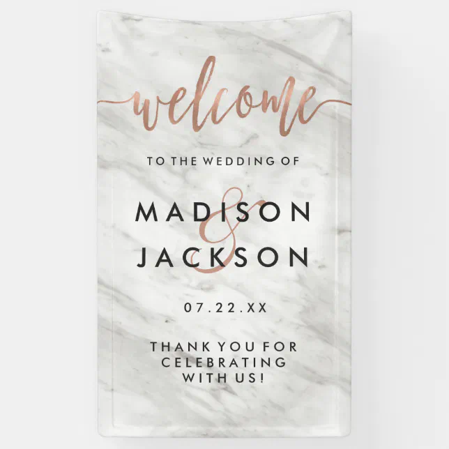 White Marble & Rose Gold Modern Wedding Welcome Banner | Zazzle