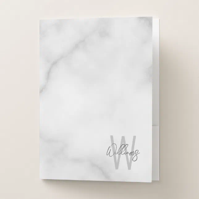 White Marble Script Personalized Monogram and Name Pocket Folder | Zazzle