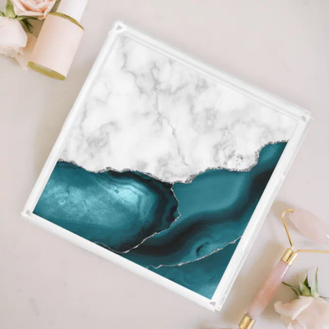 White Marble Silver Glitter Teal Blue Agate Square Acrylic Tray | Zazzle