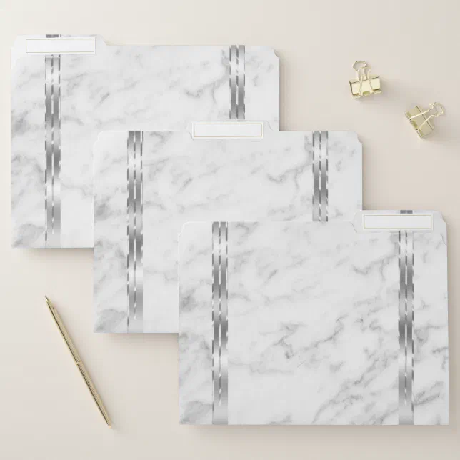 White marble silver stripe accent file folder | Zazzle