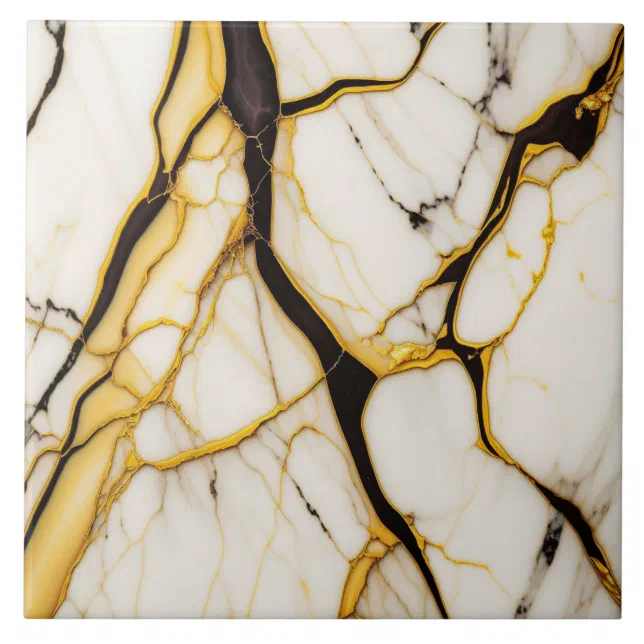 White Marble with Black Gold Veins Ceramic Tile | Zazzle