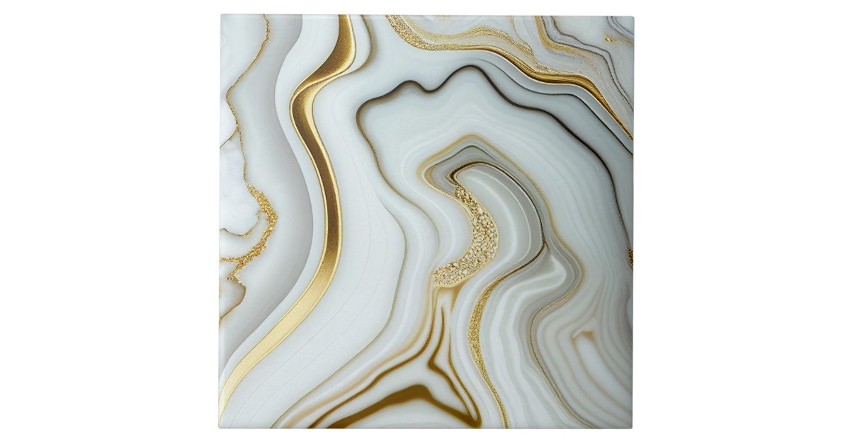 White Marble with Gold Ceramic Tile | Zazzle