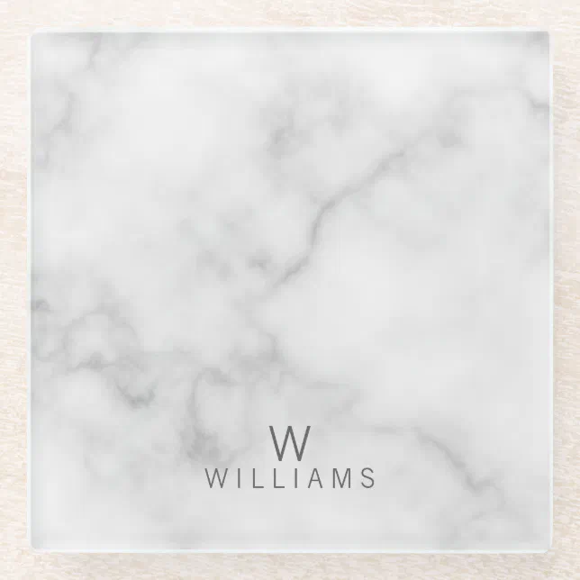 White Marble with Personalized Monogram and Name Glass Coaster | Zazzle