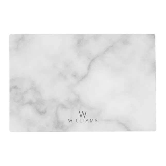 White Marble with Personalized Monogram and Name Placemat | Zazzle