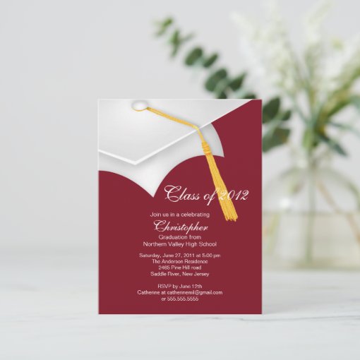 White Maroon Grad Cap Graduation Party Invitation | Zazzle