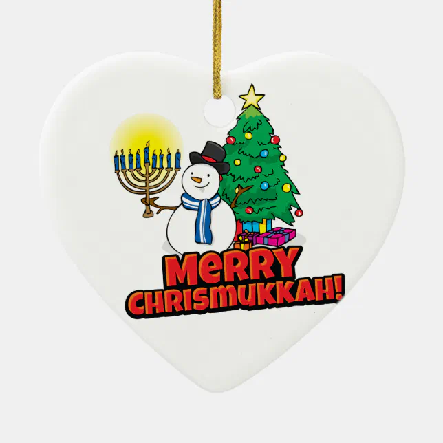 White Merry Chrismukkah with Snowman and Menorah Ceramic Ornament | Zazzle