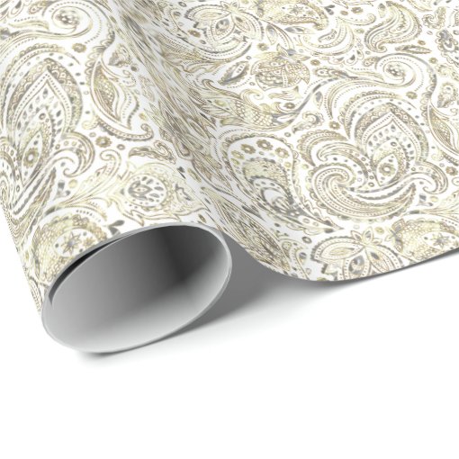 White & Metallic Silver & Gold Floral Paisley Wrapping Paper | Zazzle