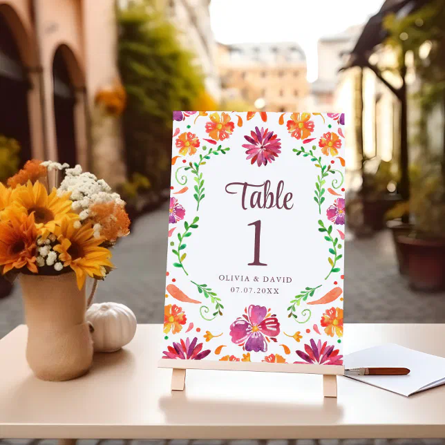 White Mexican Floral Fiesta Wedding Table Number | Zazzle