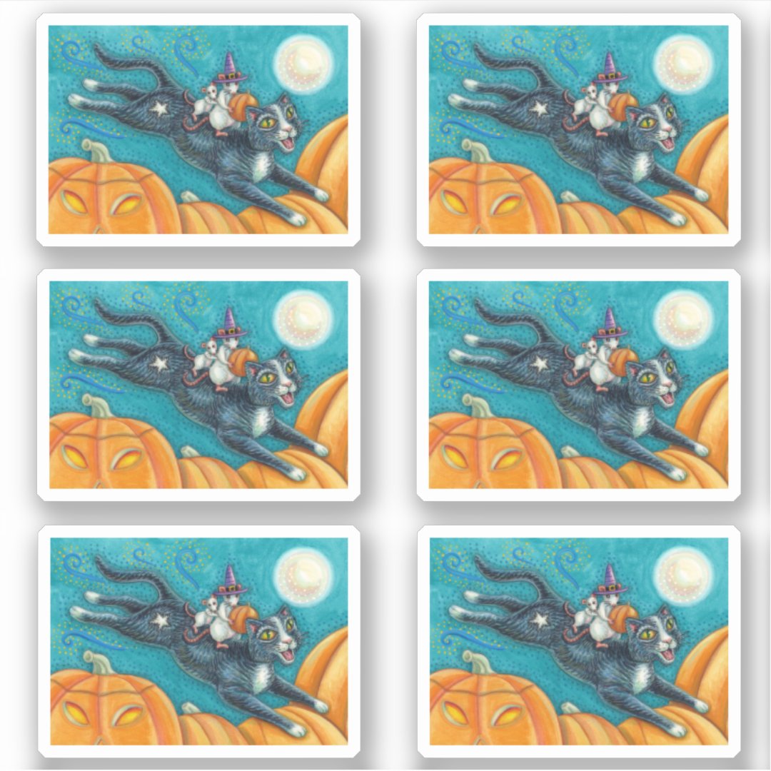 WHITE MICE & BLACK CAT ON HALLOWEEN SCAVENGER HUNT STICKER | Zazzle