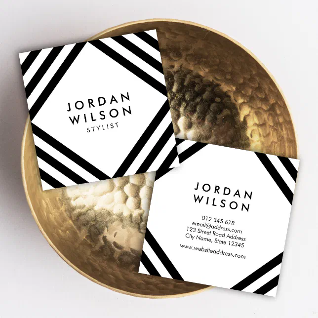 White Minimalist Black Square Lines Geometric Square Business Card | Zazzle