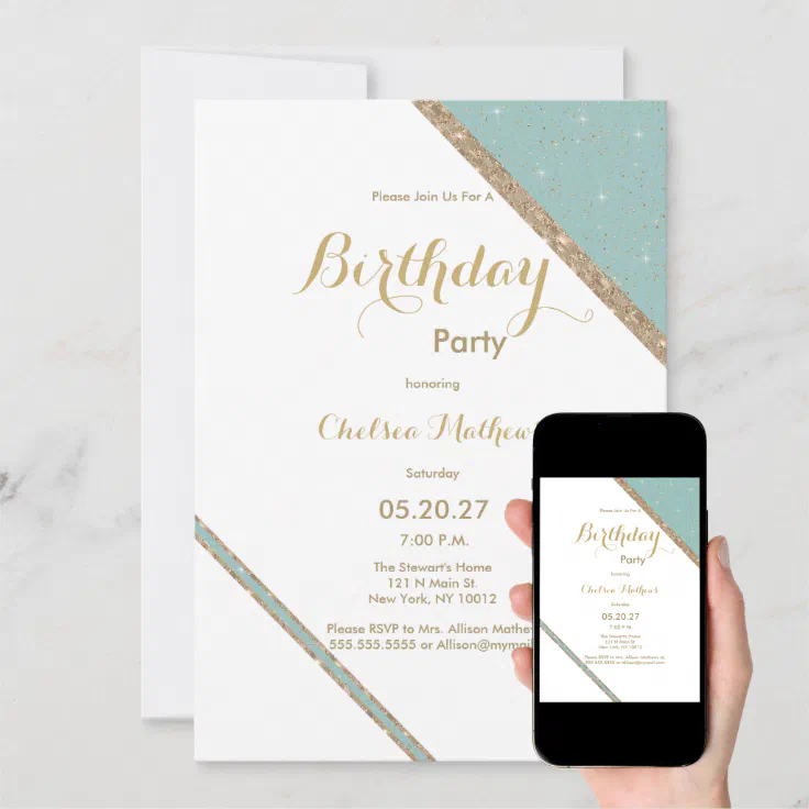 White mint green gold glitter geometric Birthday Invitation | Zazzle