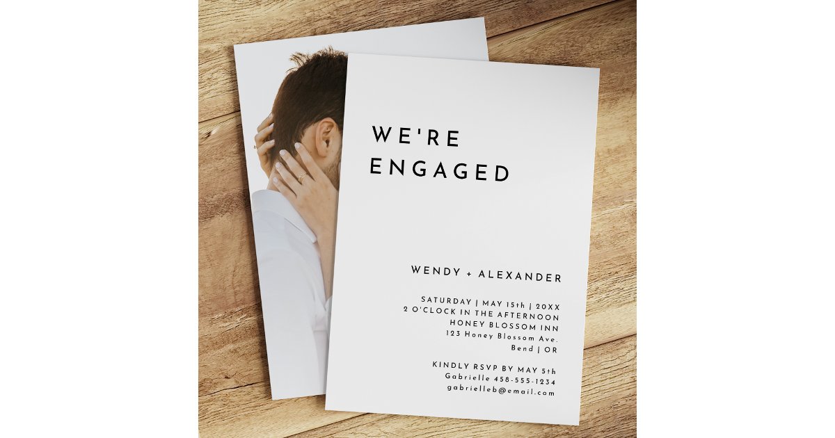 White Modern Bold We're Engaged Photo Invitation | Zazzle