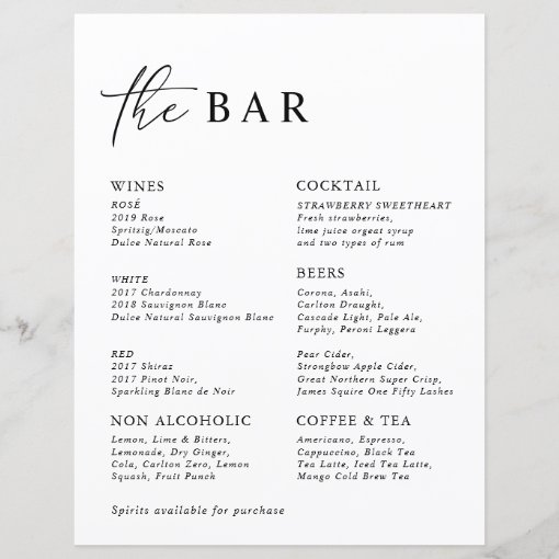 White Modern Minimalist Wedding Bar Menu | Zazzle