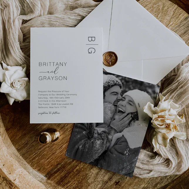 White Modern Monogram Photo Wedding Invitation | Zazzle