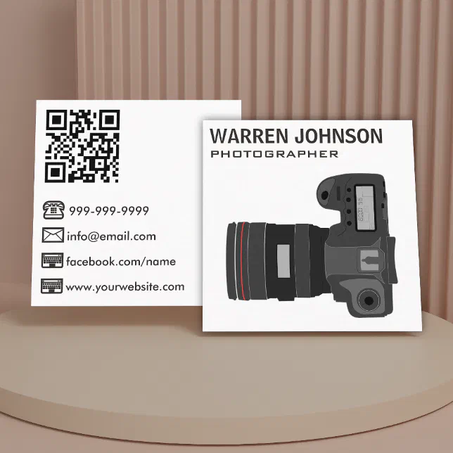 White Modern Photographer QR Code Square Business Card | Zazzle