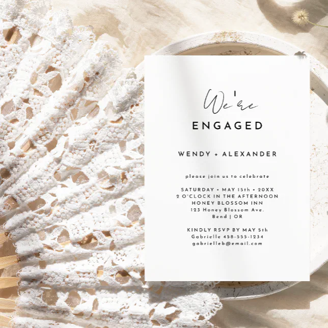 White Modern Script We're Engaged Engagement Party Invitation | Zazzle