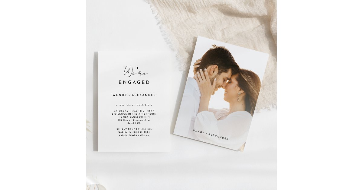 White Modern Script We're Engaged Photo Engagement Invitation | Zazzle
