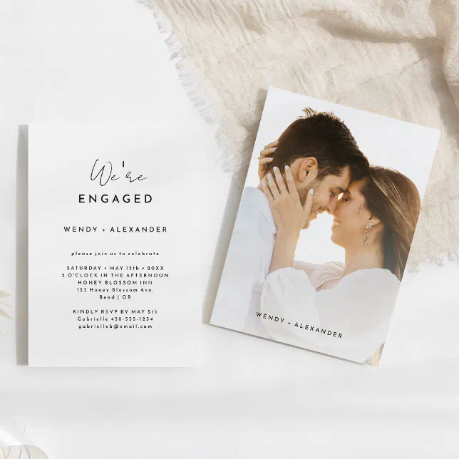 White Modern Script We're Engaged Photo Engagement Invitation | Zazzle
